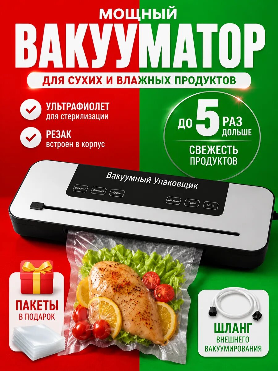 Вакууматор для продуктов с запайкой, пакеты, резак