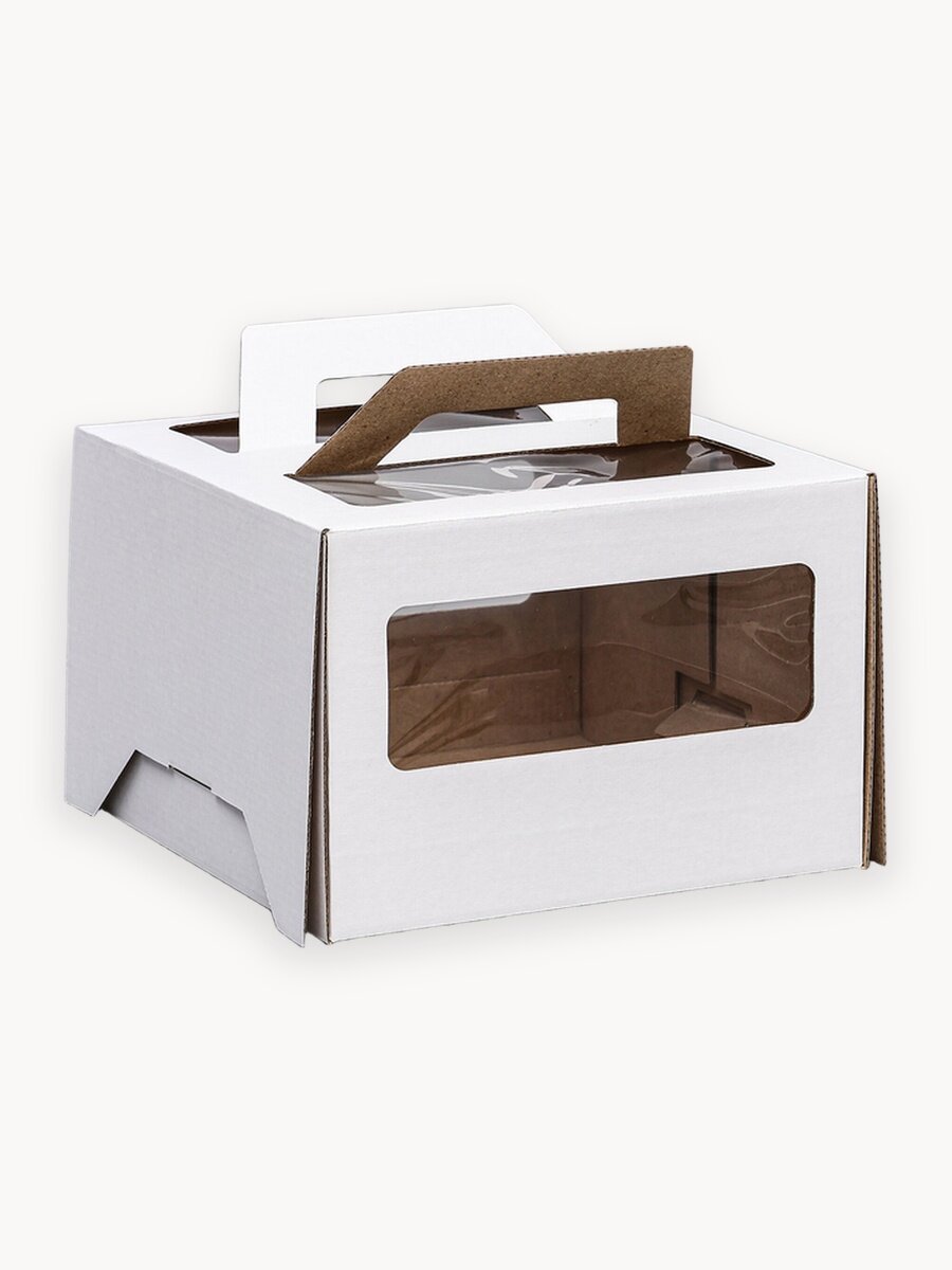 Коробка для торта Upak Land, 2 окна, усиленные ручки, белая, картон, 22x22x15 см