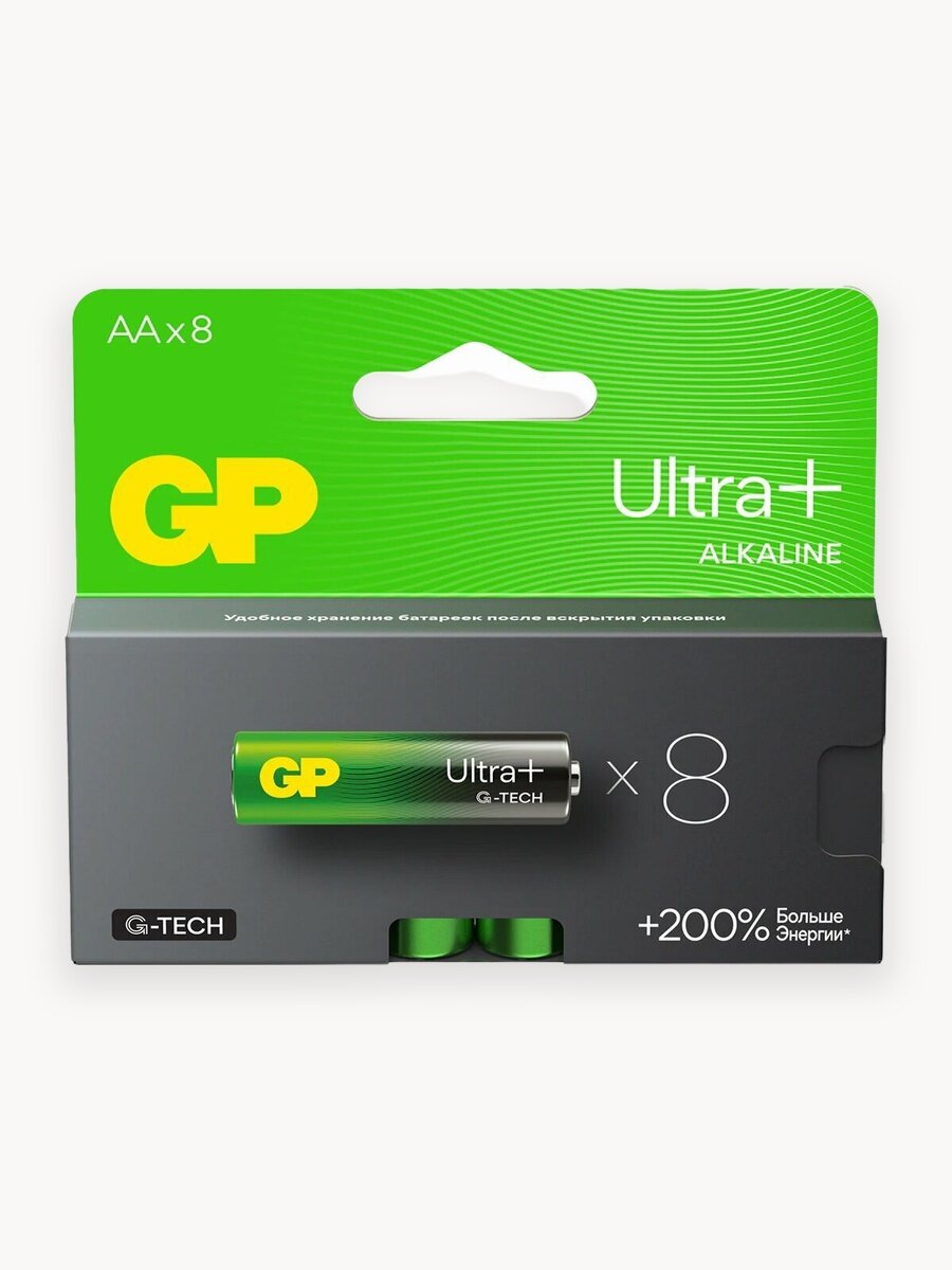 Батарейки комплект 8 шт, GP Ultra Plus G-Tech, AA (LR6), алкалиновые, пальчиковые, 15AUPA21-2CRB8
