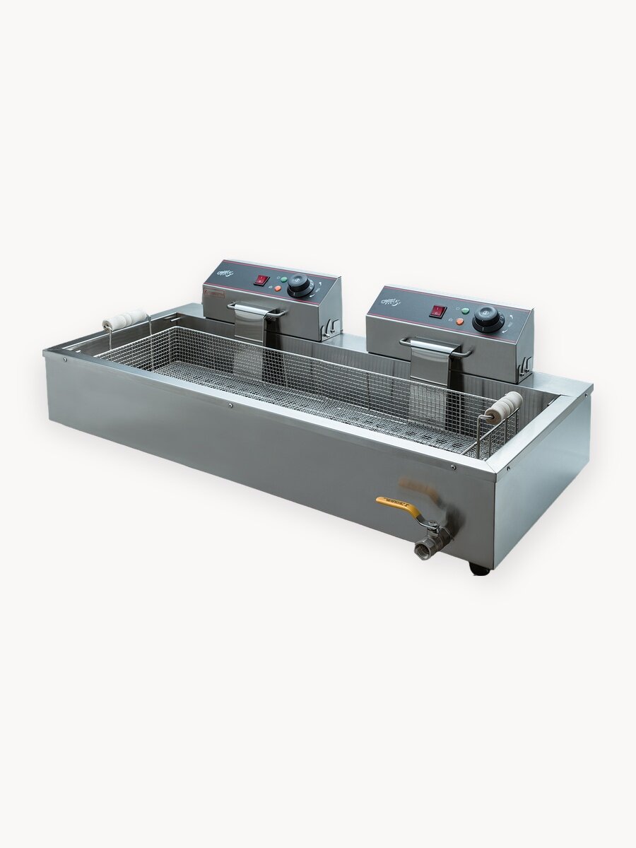 Чебуречница Crazy Pan CP-BEF26, 7.8 кВт, 220В, две группы нагрева, максимальный объем фритюра 28 литра, кран для слива