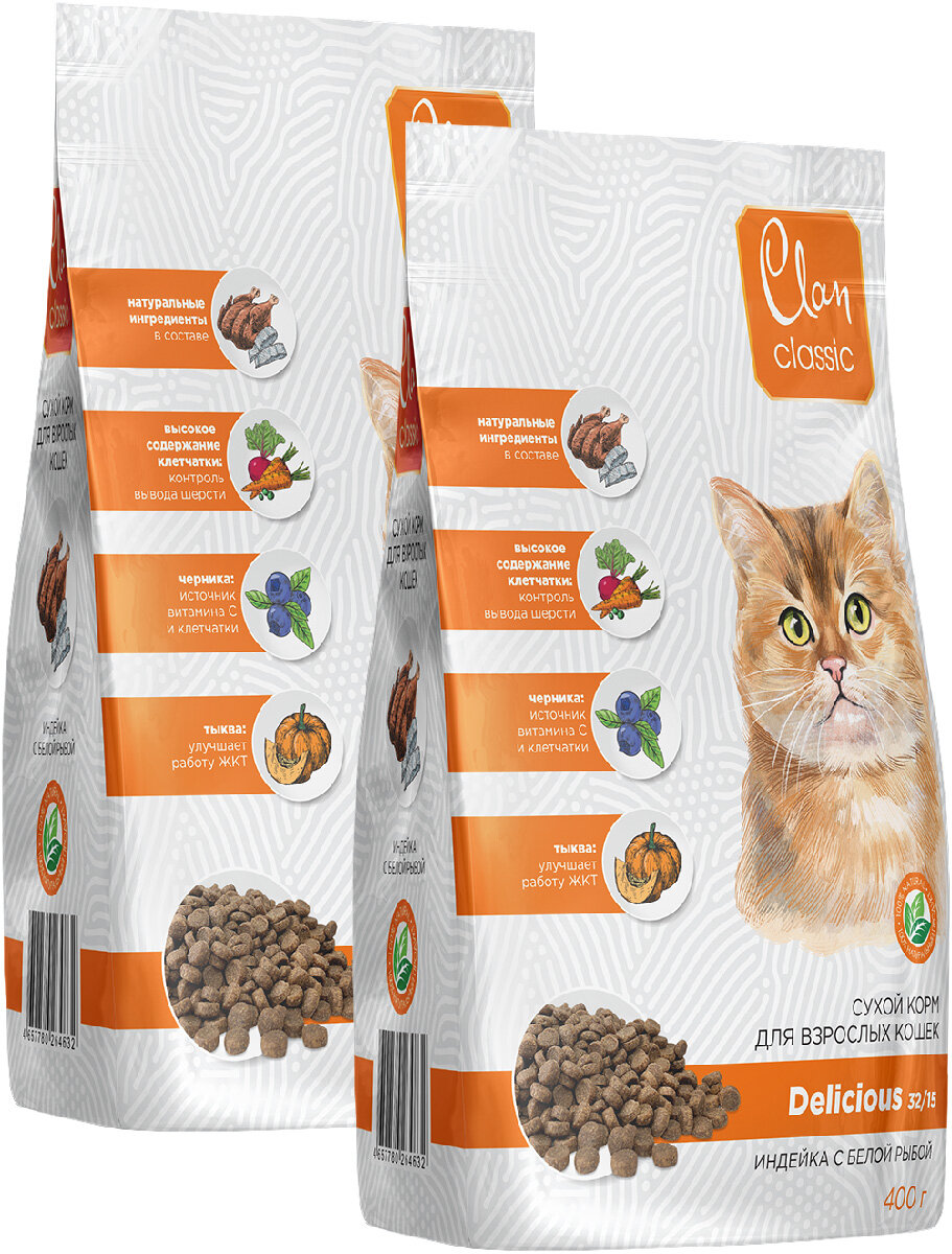 Корм сухой CLAN CLASSIC DELICIOUS 32/15 для взрослых кошек с индейкой и белой рыбой (0,4 + 0,4 кг)