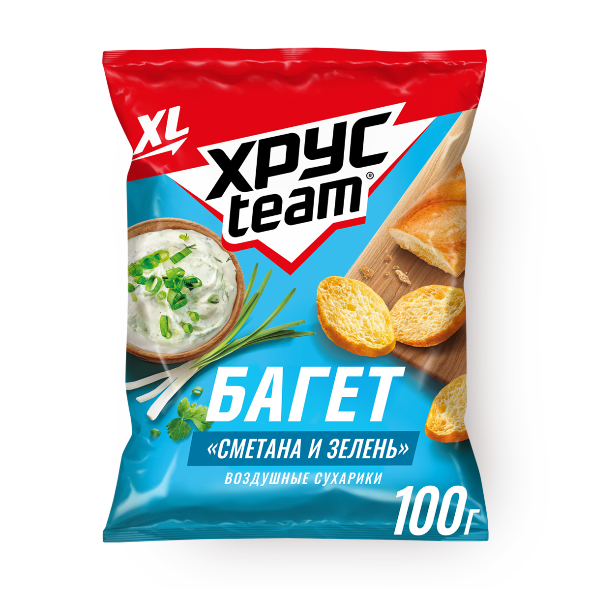 Сухарики ХрусTeam XL "Багет", пшеничные, сметана-зелень, 100г