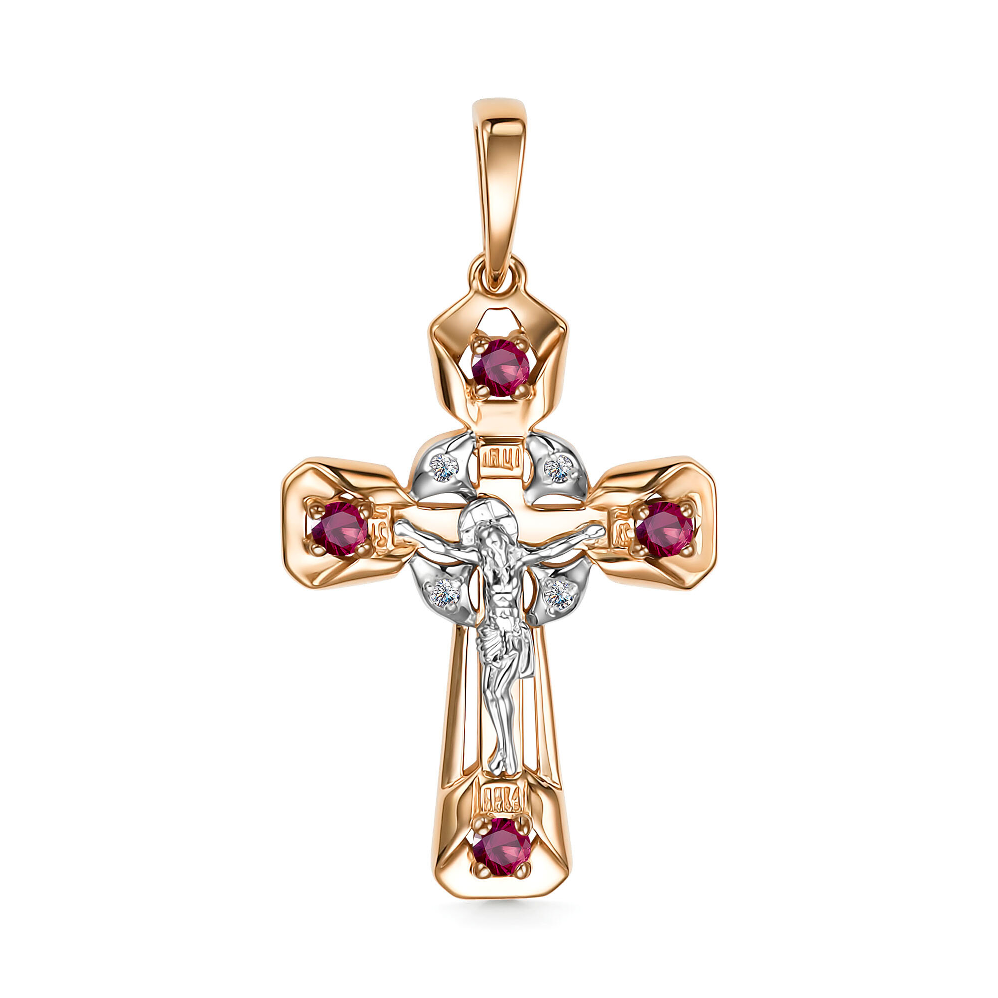 Крестик, красное золото, 585 проба, бриллиант, рубин