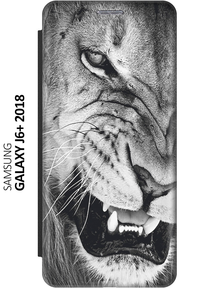 Чехол-книжка на Samsung Galaxy J6+ (2018) / Самсунг Джей 6 плюс c принтом "Скалящийся лев" черный