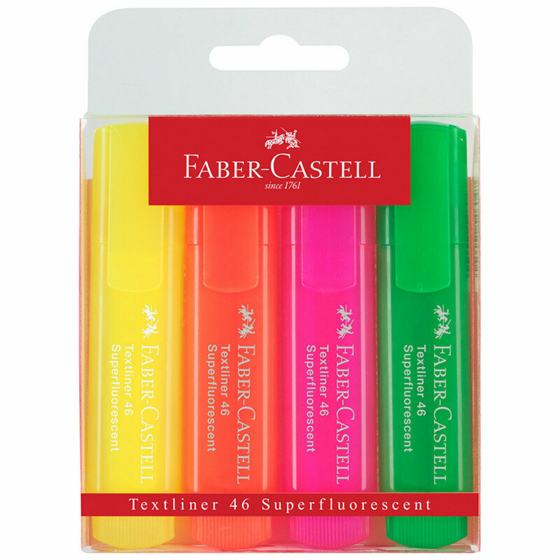 Набор текстовыделителей Faber-Castell "46 Superfluorescent" 4 флуоресцентных цв, 1-5мм, пластик. уп, 286175