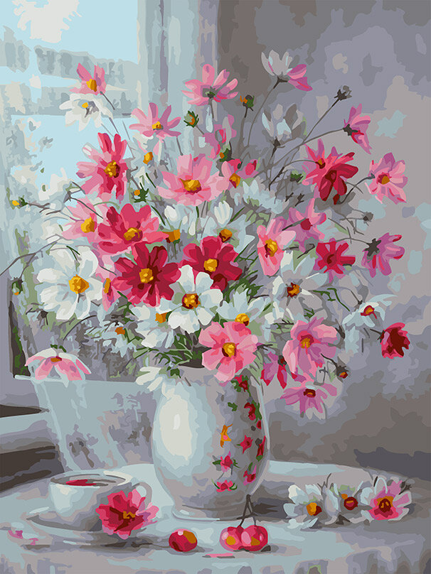 Картина по номерам Дикая Вишня на холсте Космеи на столе 30х40 см. 963-AS