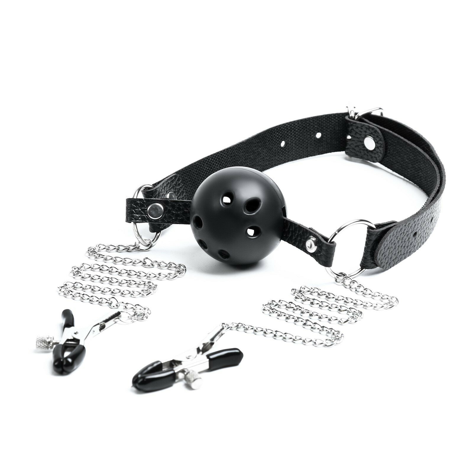 Кляп БДСМ с зажимами для сосков, кожа, металл, черный, Оки- Чпоки