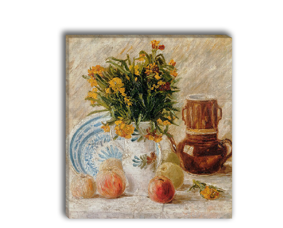 Картина для интерьера "Ваза с цветами, кофейник и фрукты", Ван Гог, печать на холсте (30х33 см / на подрамнике)