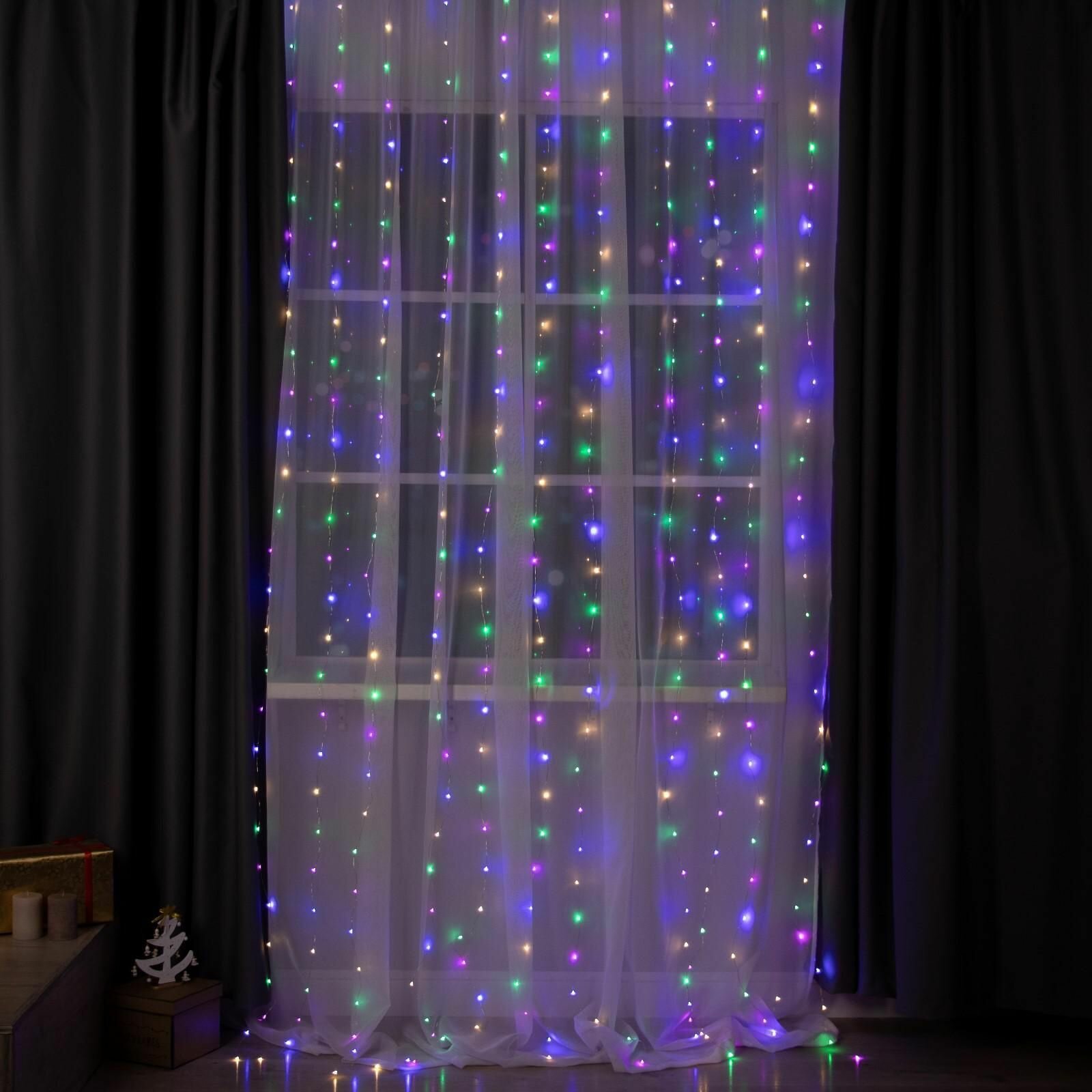 Гирлянда Занавес 2 х 3 м роса, IP20, серебристая нить, 450 LED, свечение мульти, 8 режимов, 220 В