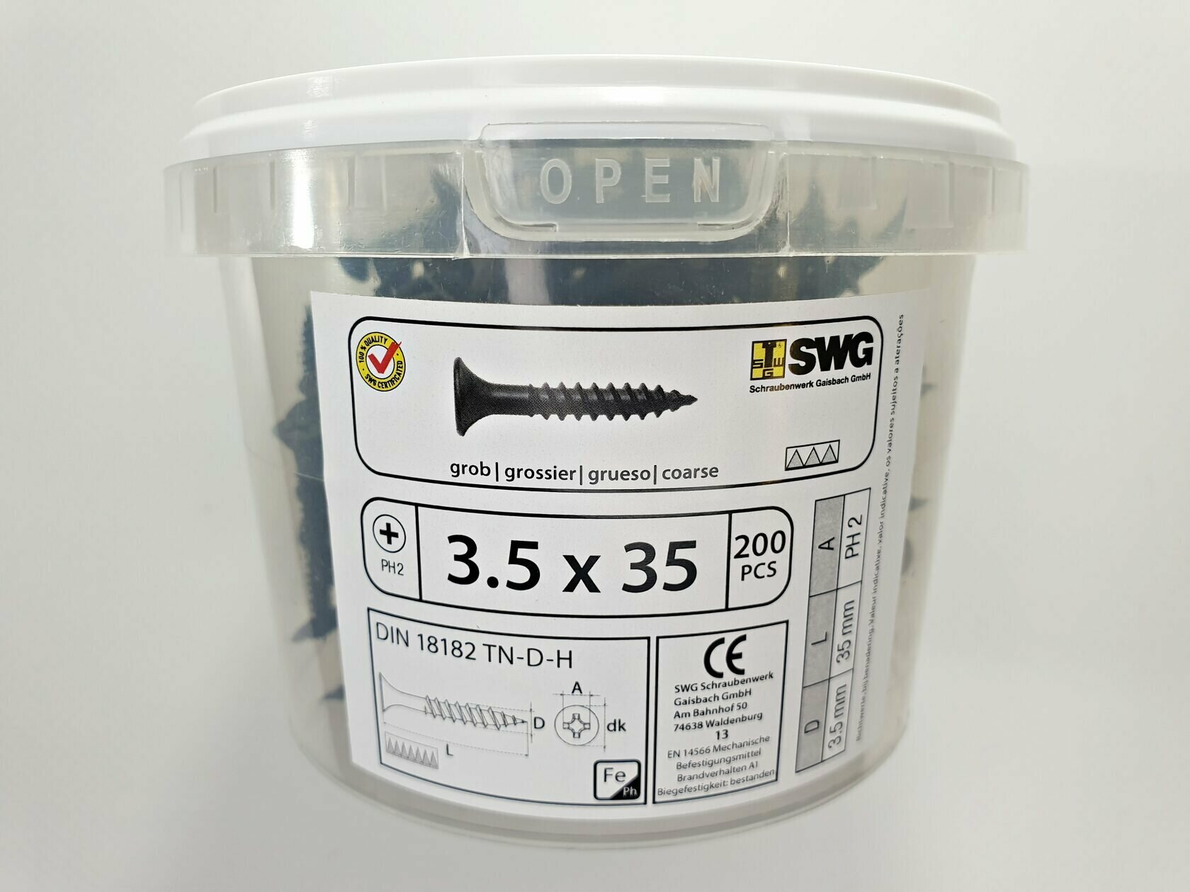 Саморез DIN 18182 Тип TN-D-H (без бура) 3.5x35 (200 pcs) SWG, Германия