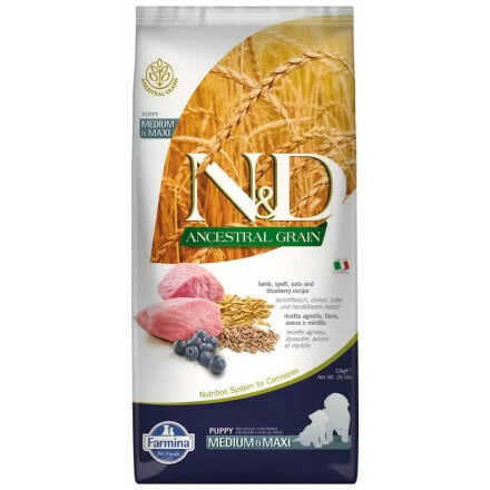 N&D ancestral grain dog ягненок, спельта, овес и черника для щенков medium & maxi 12 кг