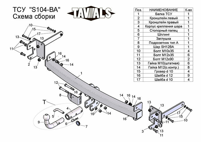 Фаркоп(прицепное) Tavials для SKODA OCTAVIA TOUR (хетчбек) 1997- (С быстросъемным шаром),(паспорт и сертификат в комплекте)(без электрики)T-S104-BA