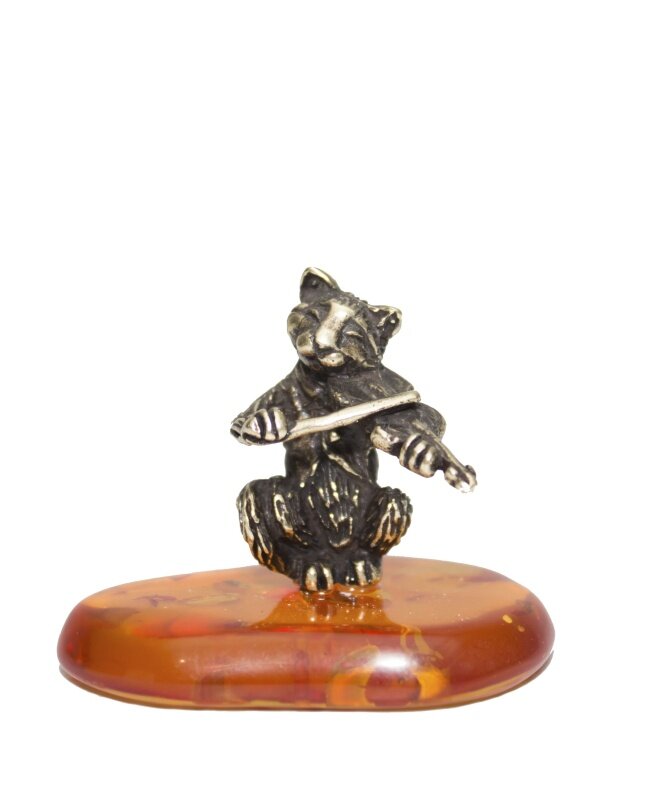 Фигурка Кот со скрипкой из латуни и янтаря 4,5х3х4,5см LY-360080