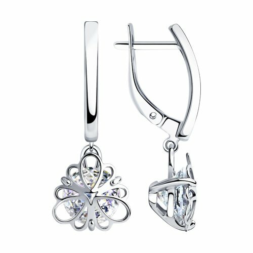 Серьги с подвесками, серебро, 925 проба, родирование, фианит