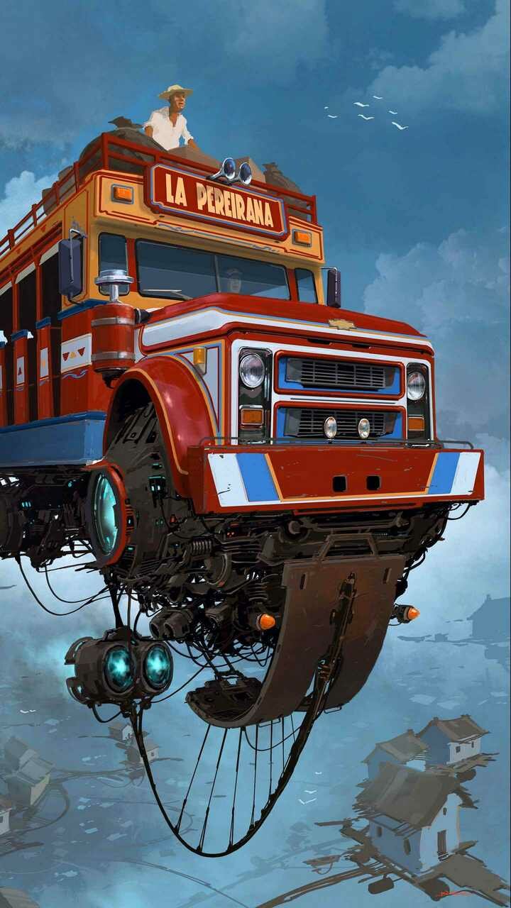 Картина на холсте 110x60 LinxOne "Автобус, фантастика, арт, будущее, вертикальный" интерьерная для дома / на стену / на кухню / с подрамником