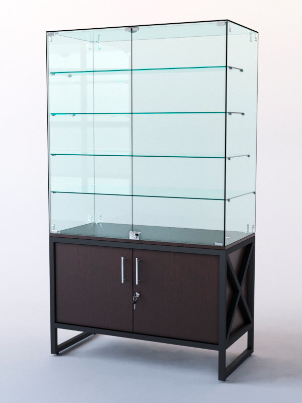 Витрина стеклянная "лофт стиль" островная №304 (с дверками, фасад - стекло), Дуб Венге