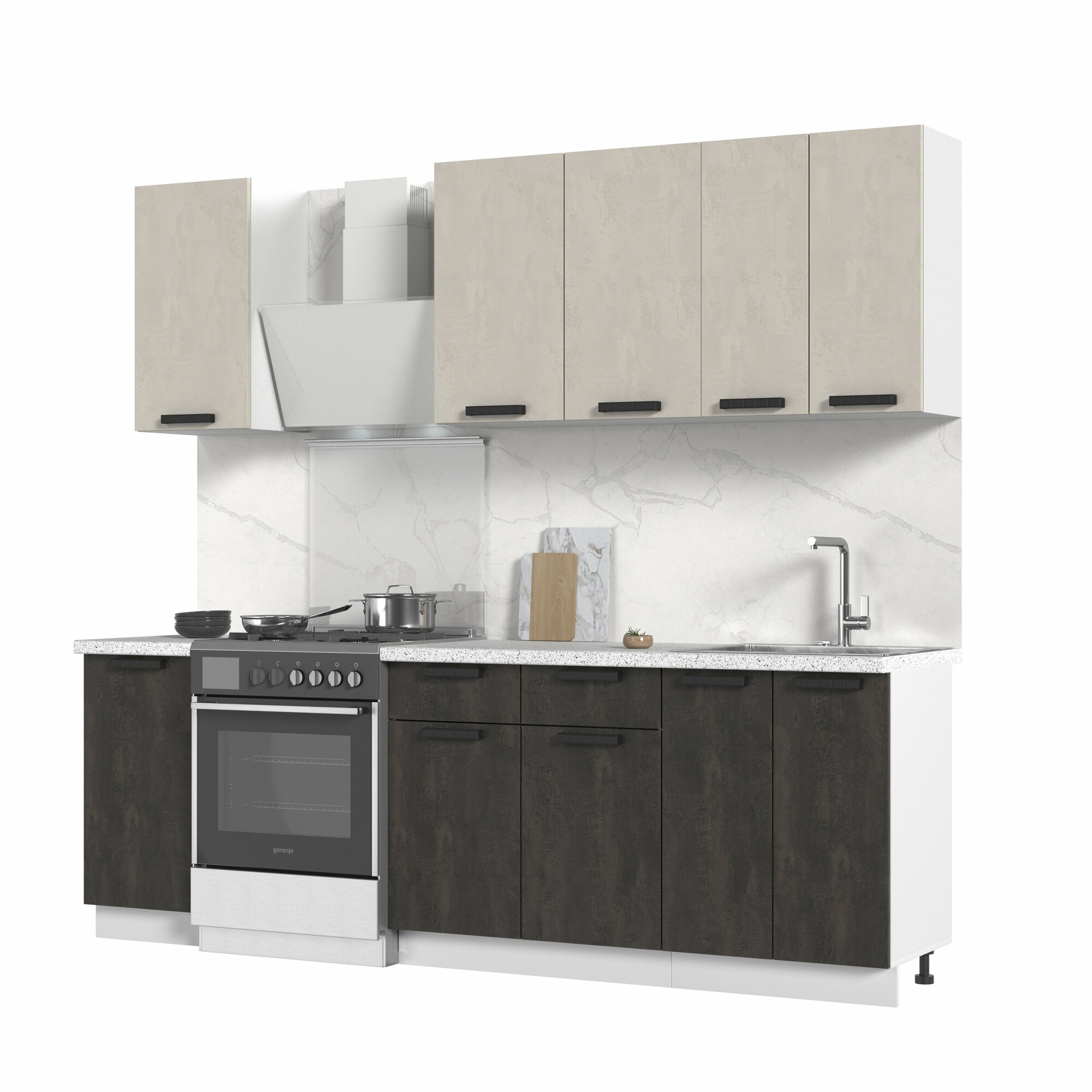 Кухонный гарнитур, без столешницы, Кухня Пасаденна 180см Белый / Шелковый камень, Угольный камень