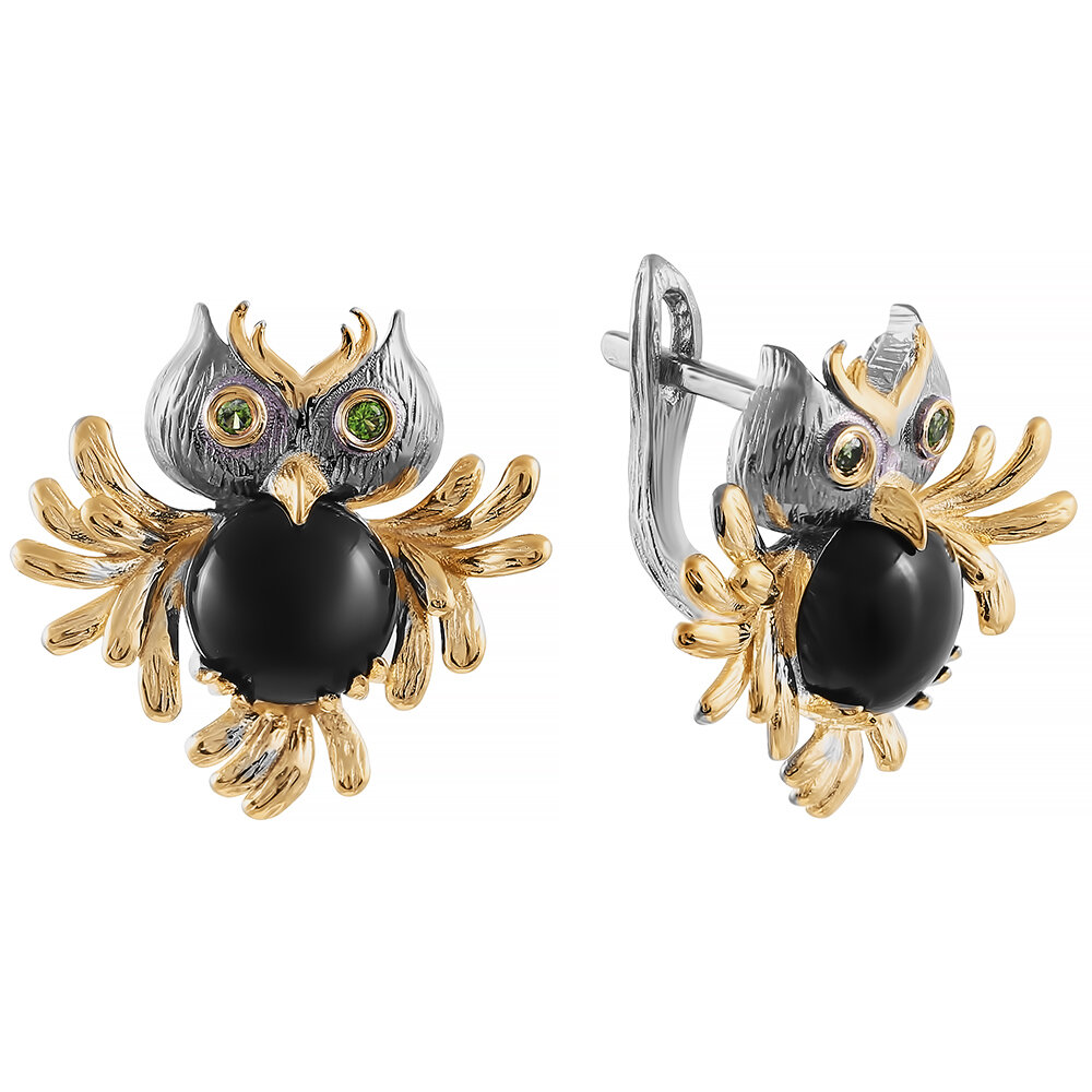 Серьги, серебро, 925 проба, оникс, хромдиопсид
