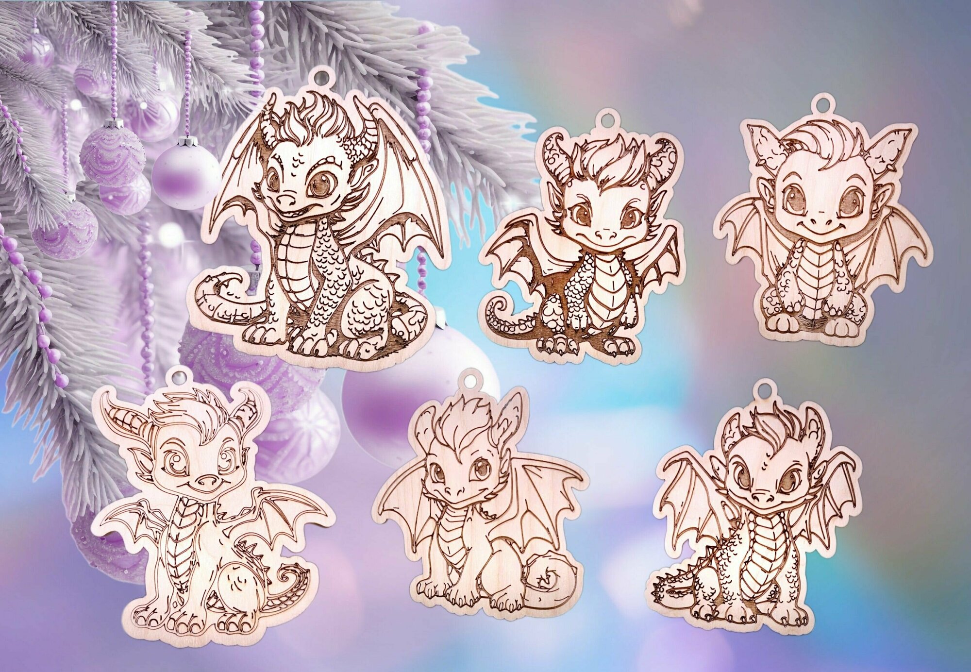Набор заготовок для декорирования "Елочный шарик с Драконами" (6шт. в наборе)