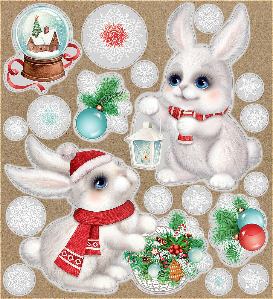 Набор новогодних наклеек "Зайки"