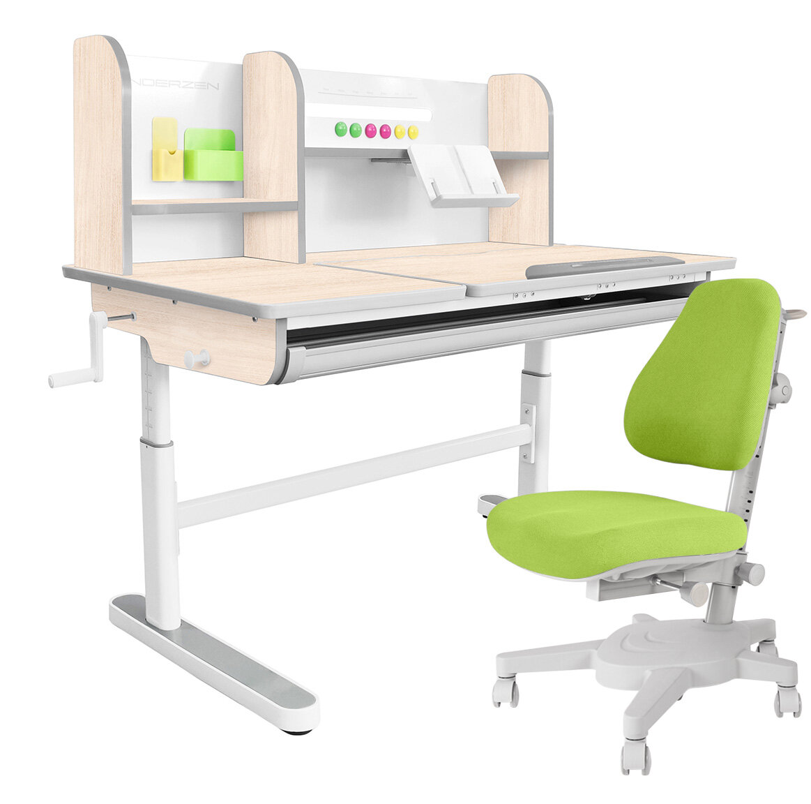Комплект Kinderzen Gaudi Plus парта + кресло клен/серый c зелёным креслом Anatomica Armata