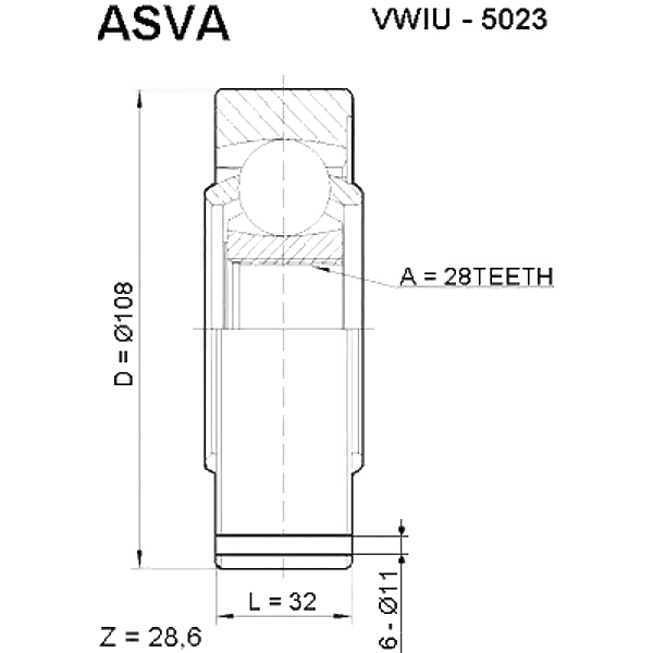ASVA VWIU-5023 (414203 / 414204 / 6383341734) шрус внутренний 28x108