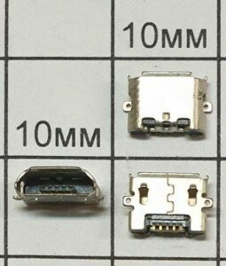 Гнездо micro USB на плату (поверх. монтаж, 2 лапки крепл. б. грань внизу)