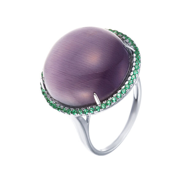 Кольцо, серебро, 925 проба, кошачий глаз, фианит