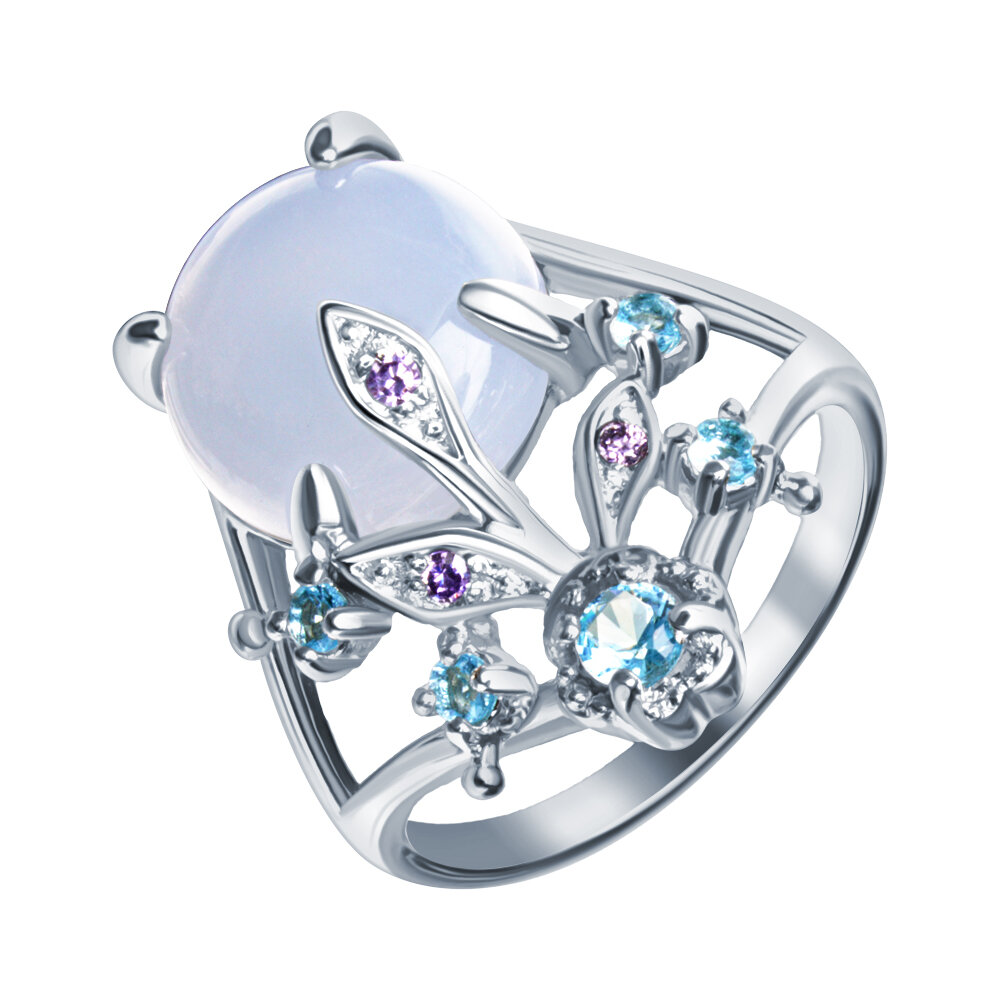 Кольцо, серебро, 925 проба, фианит, халцедон