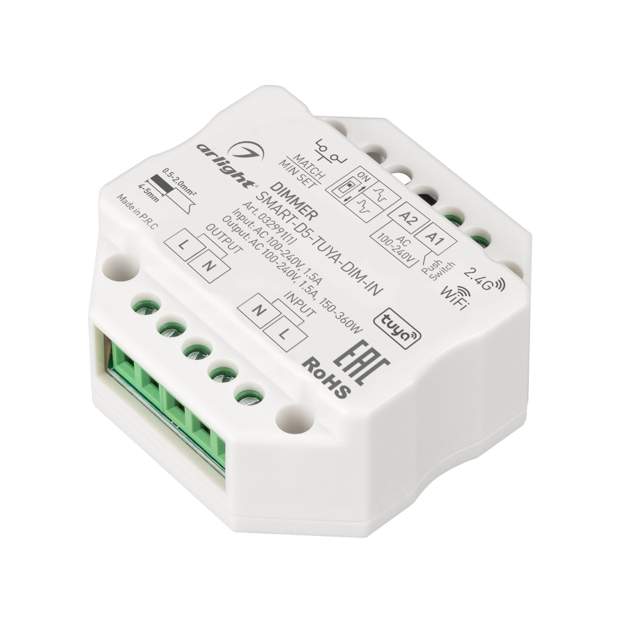 Диммер Arlight Диммер SMART-D5-TUYA-DIM-IN (230V, 1.5A, TRIAC, WiFi, 2.4G) (Arlight, IP20 Пластик, 5 лет)