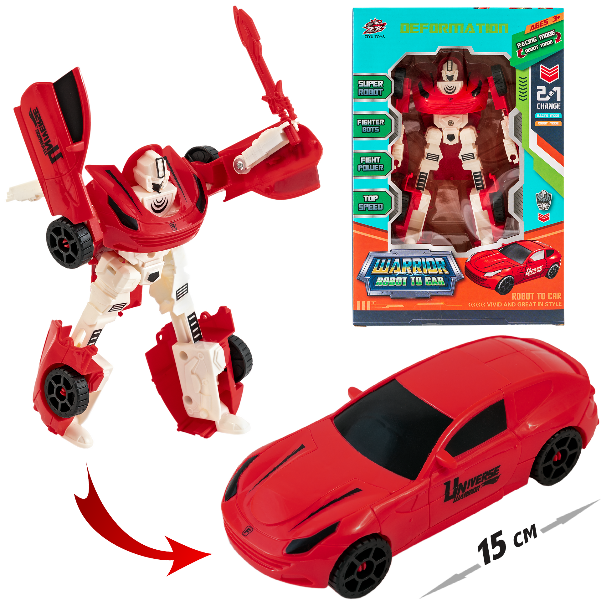 Робот воин трансформер, машинка спорткар Автобот. Цвет красный. Игрушка для мальчика