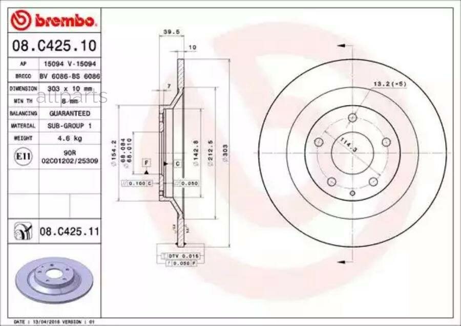 BREMBO 08. C425.11 Диск торм. задн.[303x10] 5 отв.