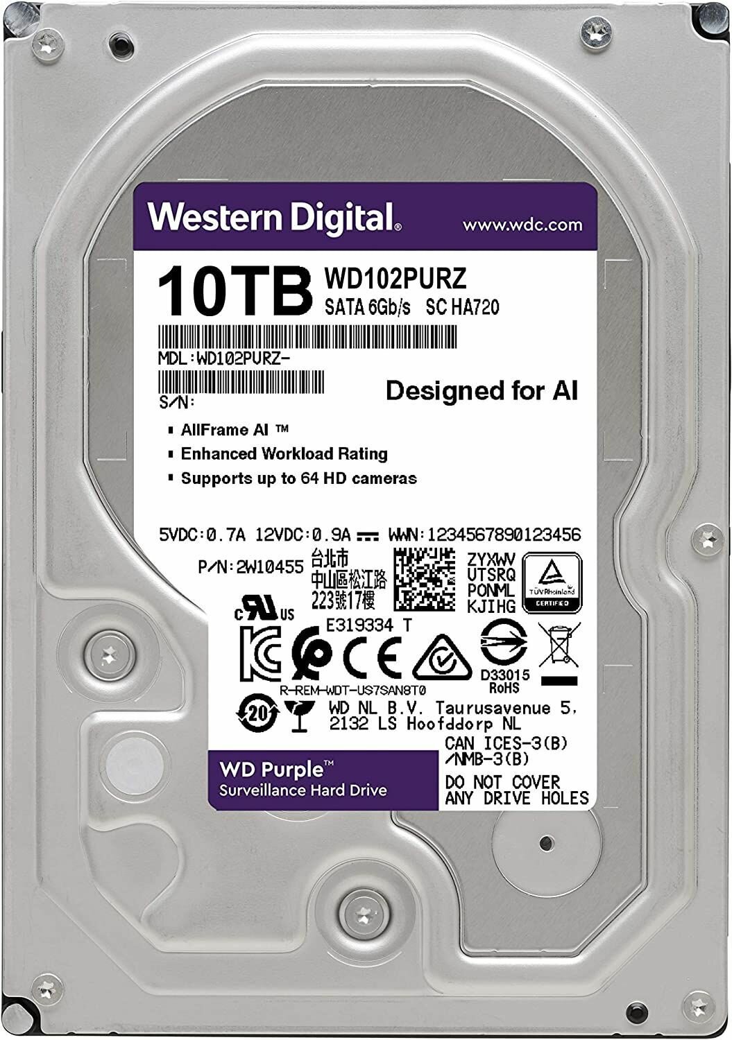 Внутренний жесткий диск Western Digital Б/У / WD PURPLE / для видеонаблюдения камер, 1 шт.
