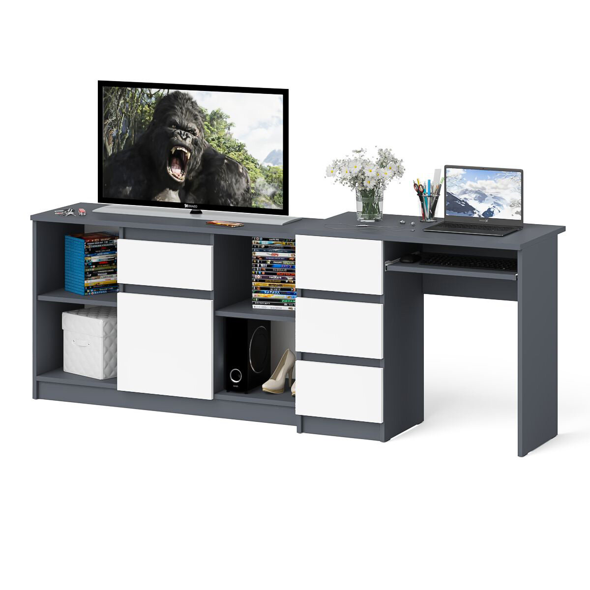Стол компьютерный три ящика СВК Мори МС-6 левый с тумбой Мори цвет графит/белый, 210,4х50х76,6 см.
