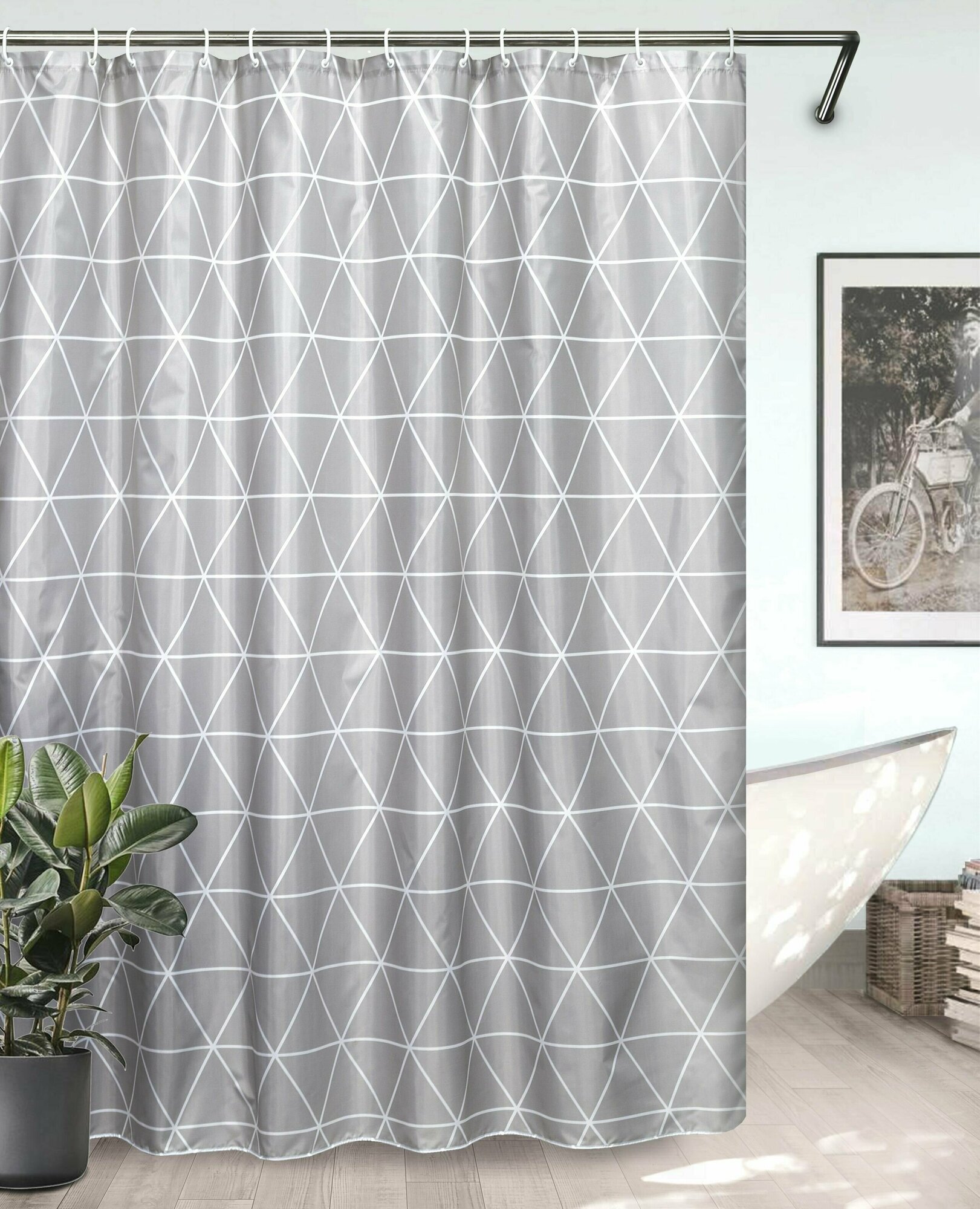 Комплект Штора занавеска для ванной Bath Plus 180x180 см тканевая с утяжелительной цепочкой Grebo серый