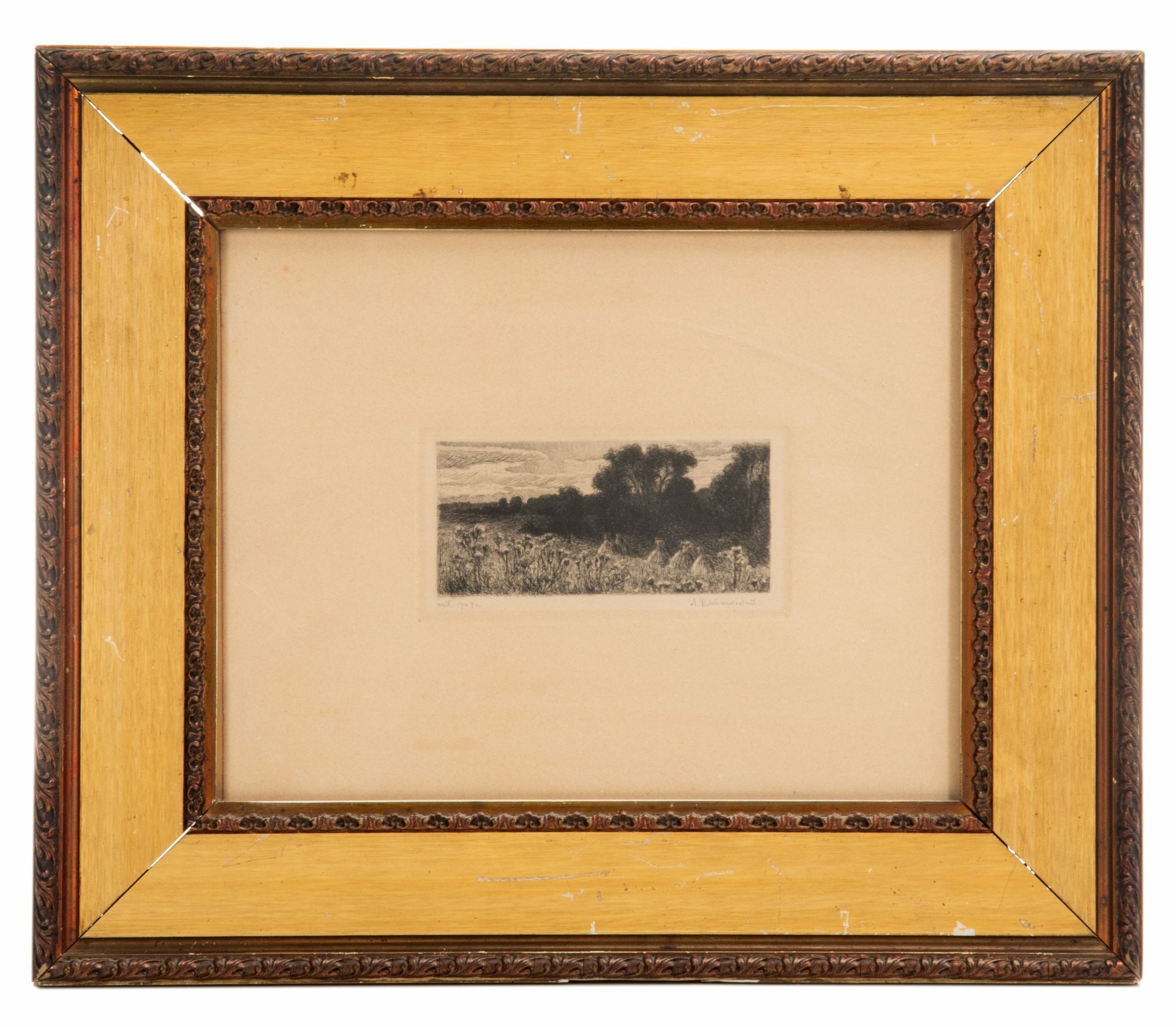 Офорт "Деревенский пейзаж" (название условное), оформленный в паспарту и раму