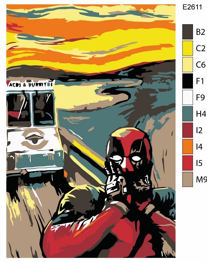 Детская картина по номерам E2611 "Мем картина Испуганный Дэдпул" 20x30