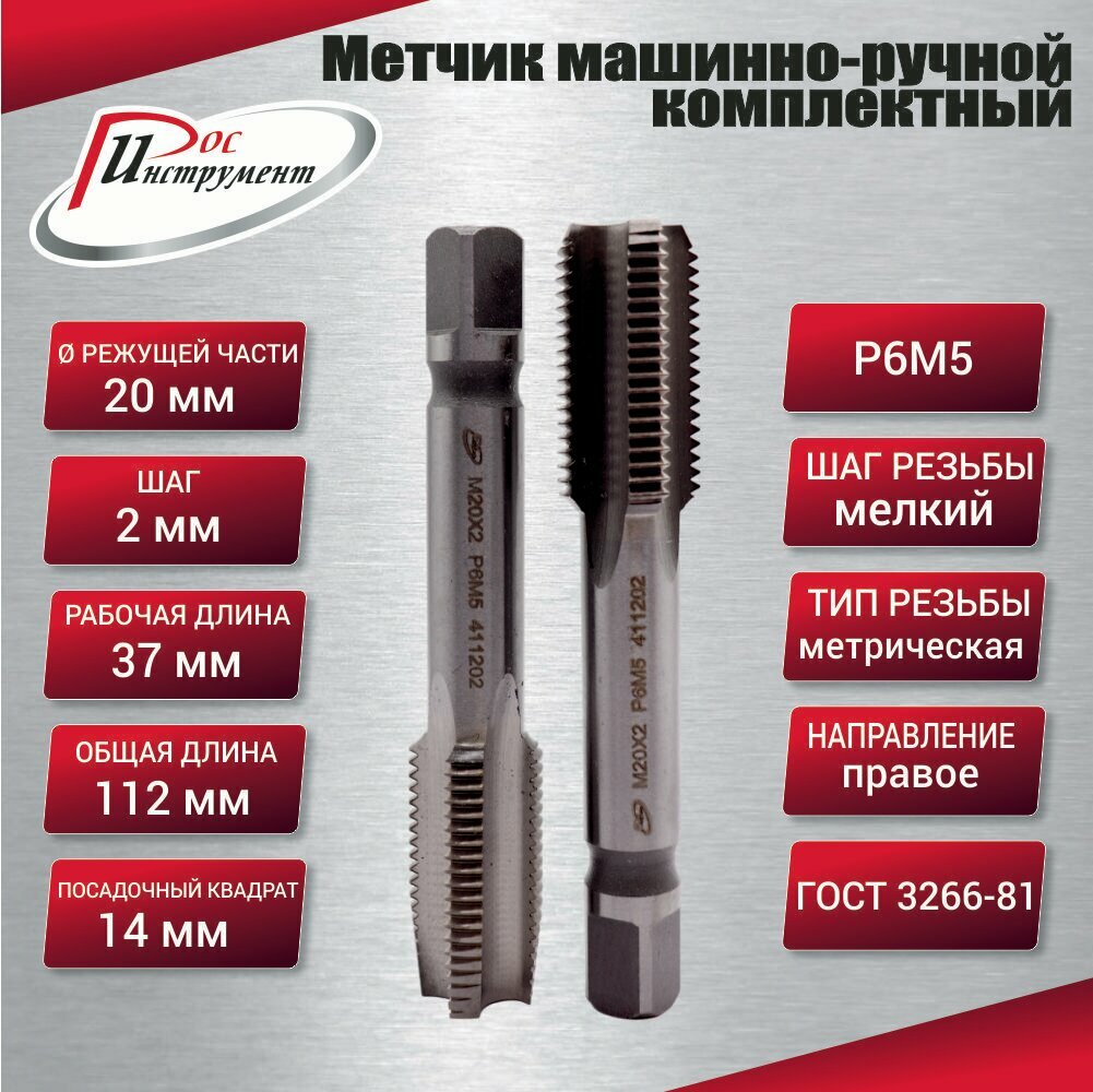 Метчик машинно-ручной М 20,0 х 2,0 комплектный 2 шт. ГОСТ 3266-81 Р6М5
