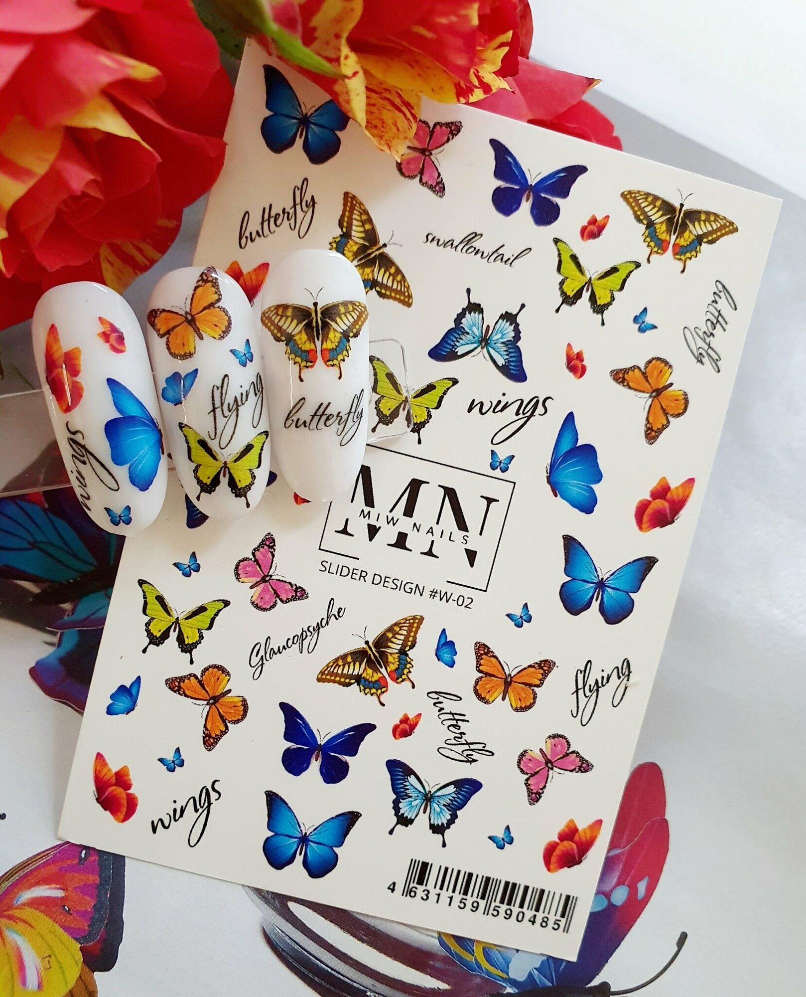 MIW Nails "Слайдеры для ногтей" водные наклейки для дизайна #W-02 цветной бабочки