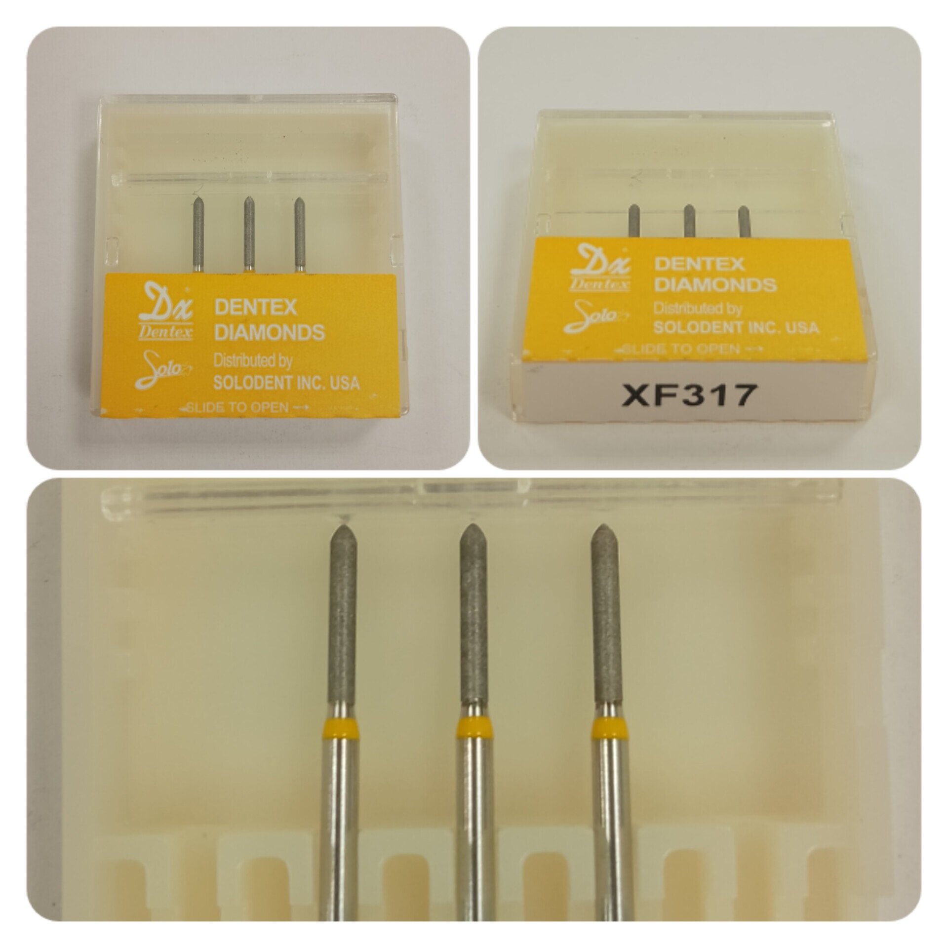 Боры стоматологические алмазные Dentex турбинные, цилиндр с усеченным конусом, XF 317 размер 014 желтая насечка, 3 штуки