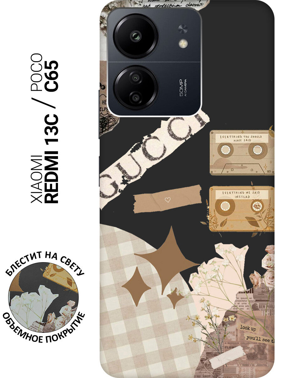Силиконовый чехол на Xiaomi Redmi 13C / Poco C65 / Сяоми Редми 13С / Поко С65 с рисунком "GUCCI Stickers" Soft Touch черный
