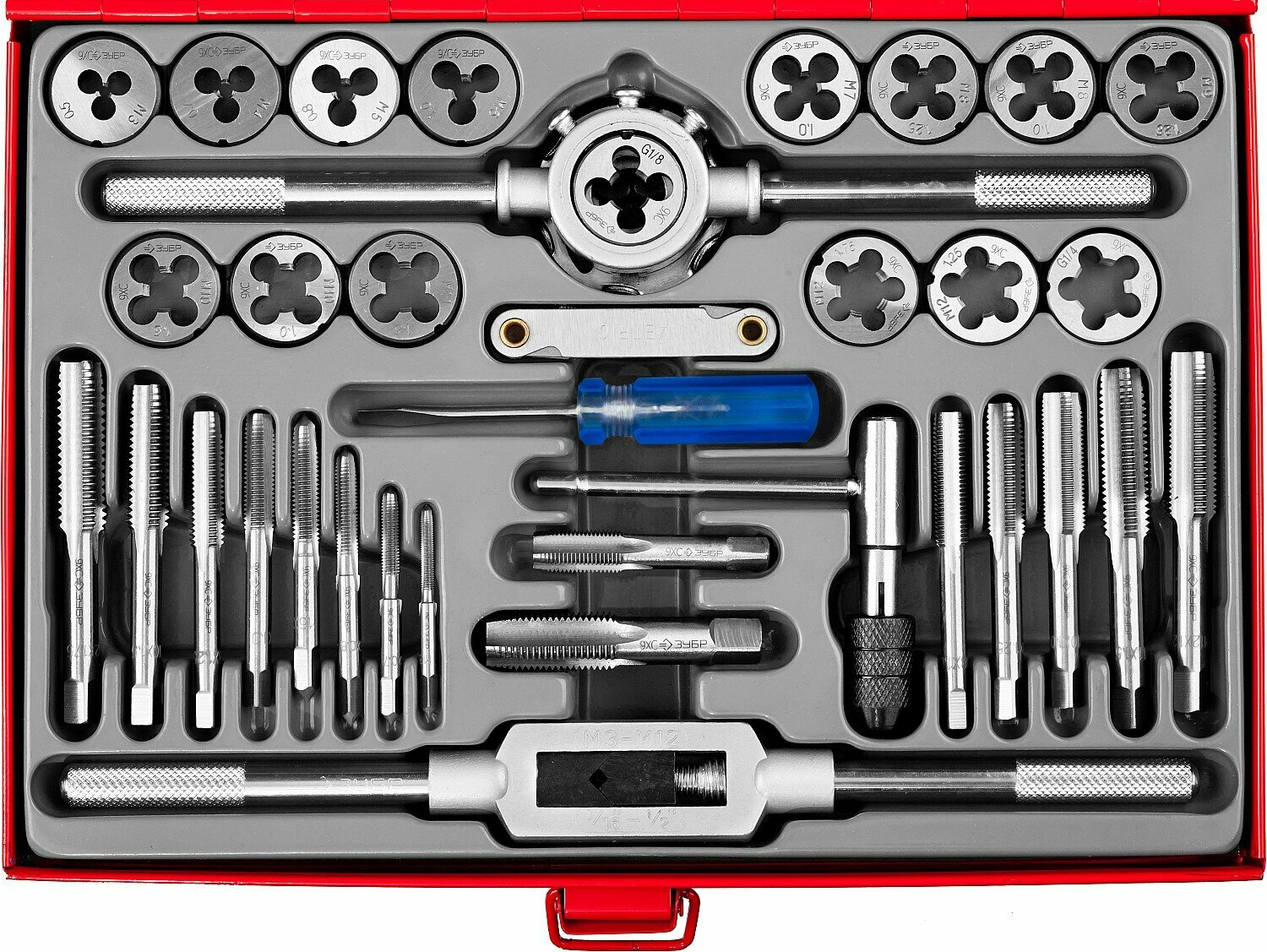 ЗУБР 35 предм, сталь 9ХС, набор метчиков и плашек (28117-H35)