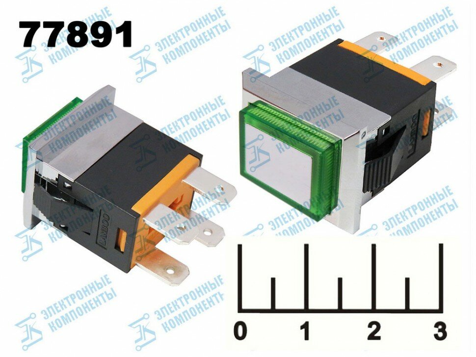 Кнопка 220/15 220V 15A хром LED зеленый без фиксации 4 контакта LB1913-1