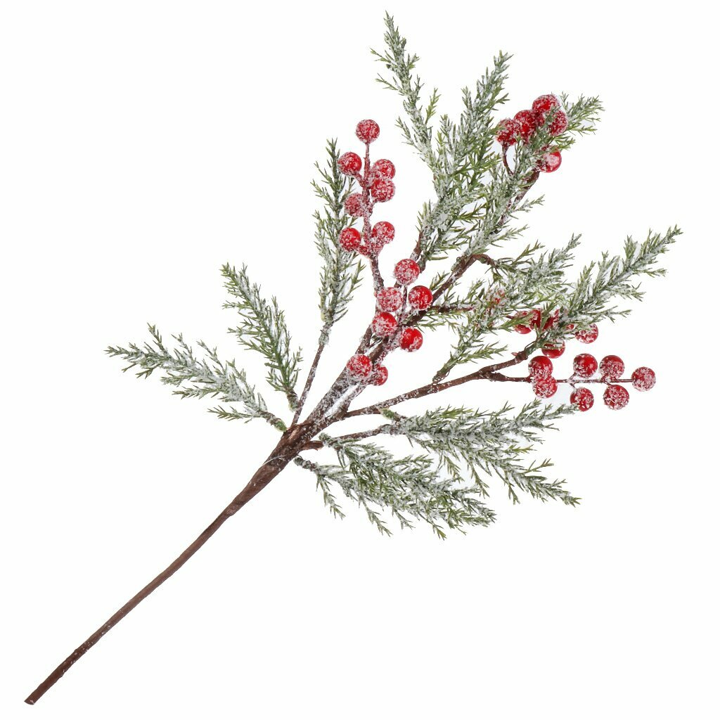 Ветка декоративная 44 см, еловая, заснеженная, с декором, Y4-8516