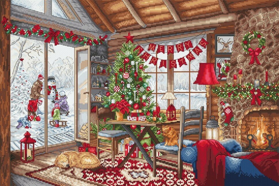 Набор для вышивания LetiStitch #L8105 Christmas Cabin (Рождественский домик), Счетный крест, 43 х 29 см