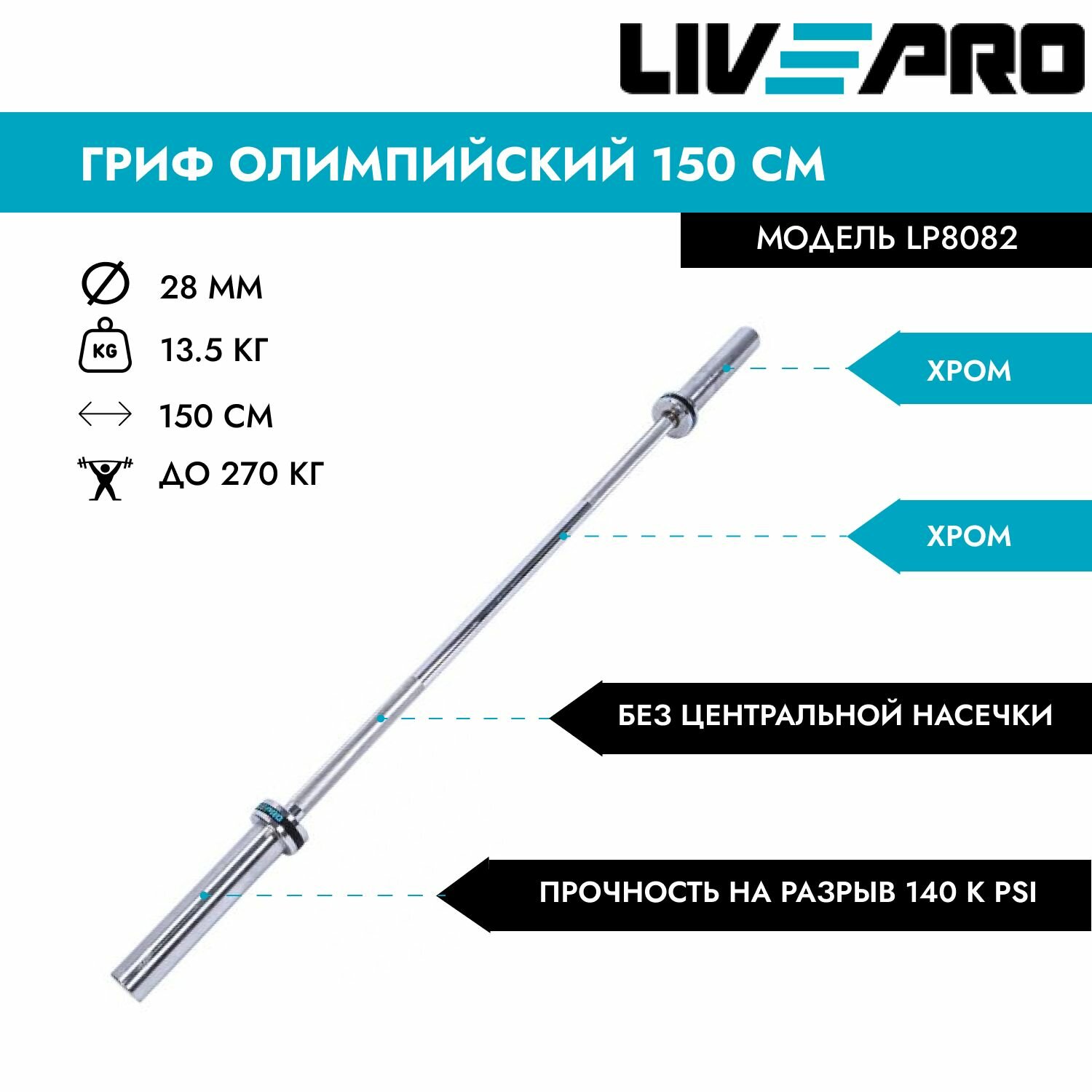 Гриф олимпийский LIVE PRO 150 см