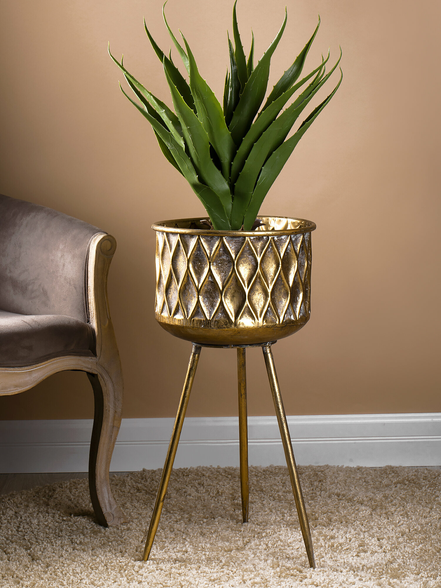 57-027 Кашпо на ножках Конго 37x37x66см, Железо, золотистый, Glasar