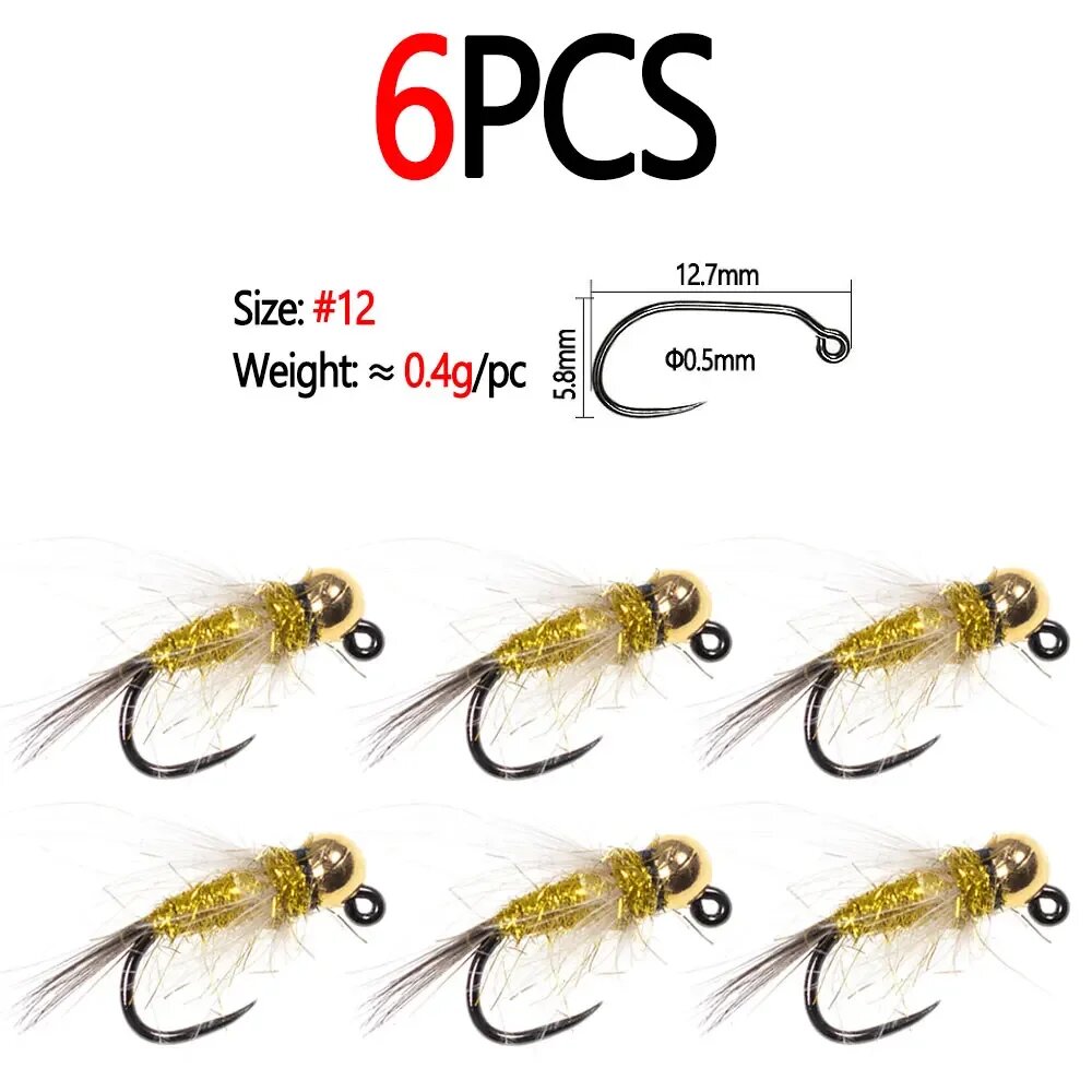 Bimoo 6 шт. #12 Вольфрамовая головка бусин CDC Hackle Jig Nymph муха фазан хвост быстро тонущий мокрый Евро Нимфа нахлыстовая форель рыболовные приманки