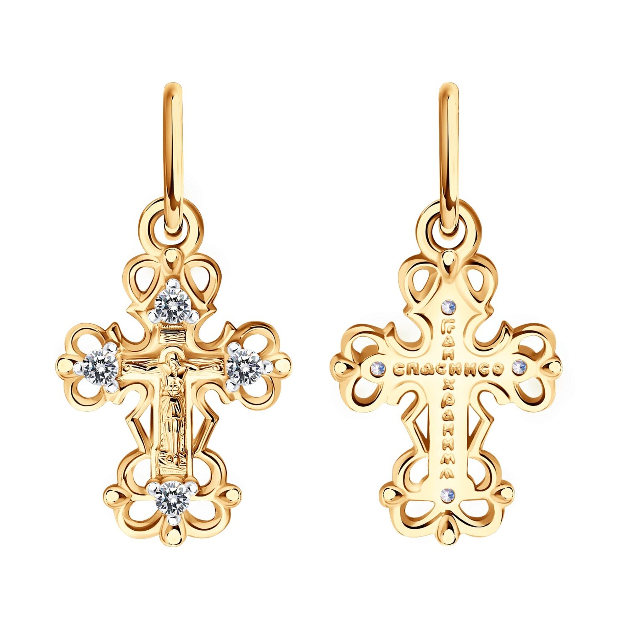 Крестик, красное золото, 585 проба, фианит