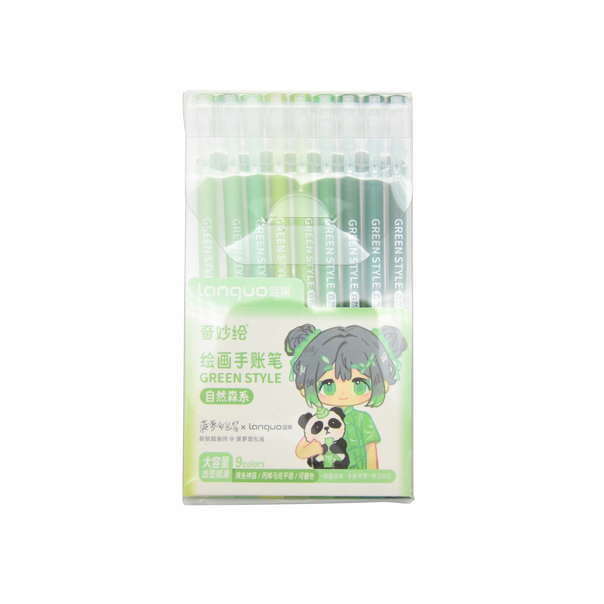 Набор ручек гелевых 9 цветов 0,6мм "Зеленые" одноразовые, игольчатый стержень